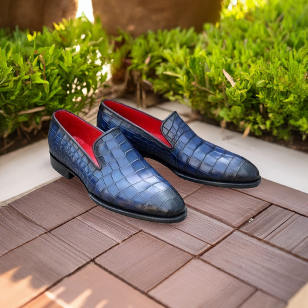 Blue Alligator Textured Loafers Leather Slip on Fashion Shoes