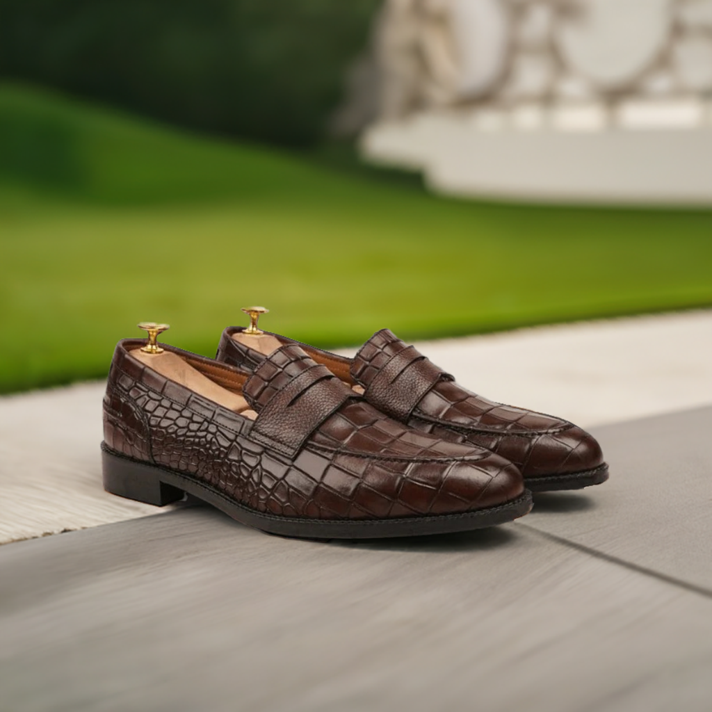 Brown Alligator Textured Penny Loafers Slip on Shoes for Men