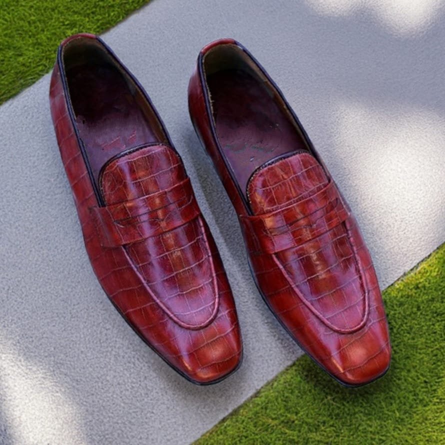 Red Alligator Textured Penny Loafers Leather Slip on Shoes