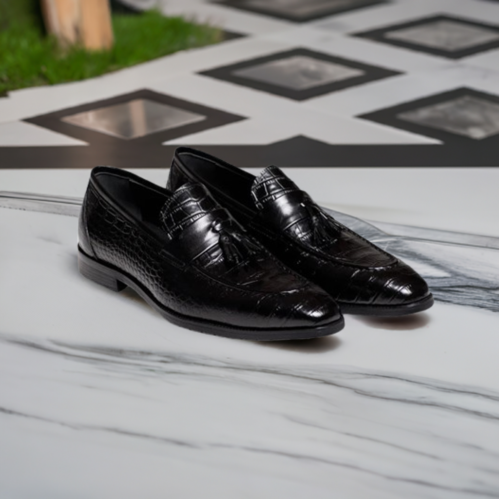 Black Alligator Textured Tassel Loafers Slip on Shoes for Men