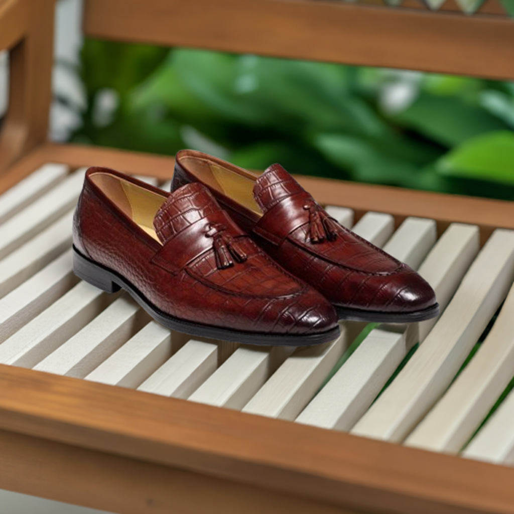 Brown Alligator Textured Tassel Loafers Leather Slip on Shoes