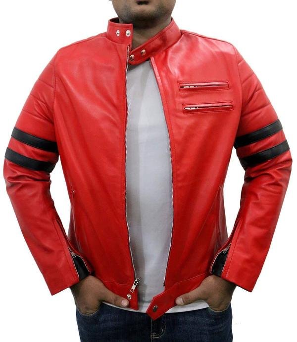 Red Leather Black Stripes Jacket for Men's Biker Jacket