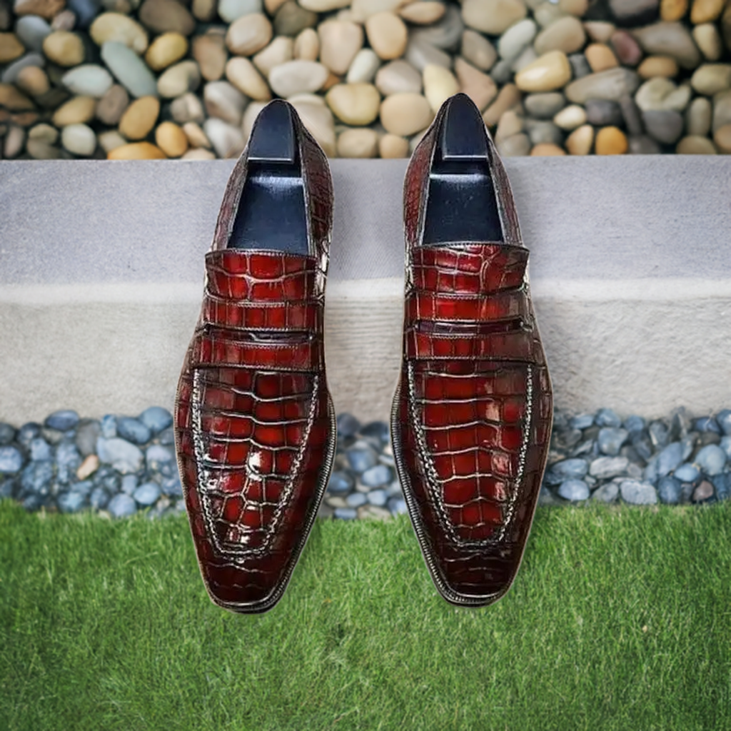 Burgundy Alligator Textured Penny Loafers Leather Slip on Shoes