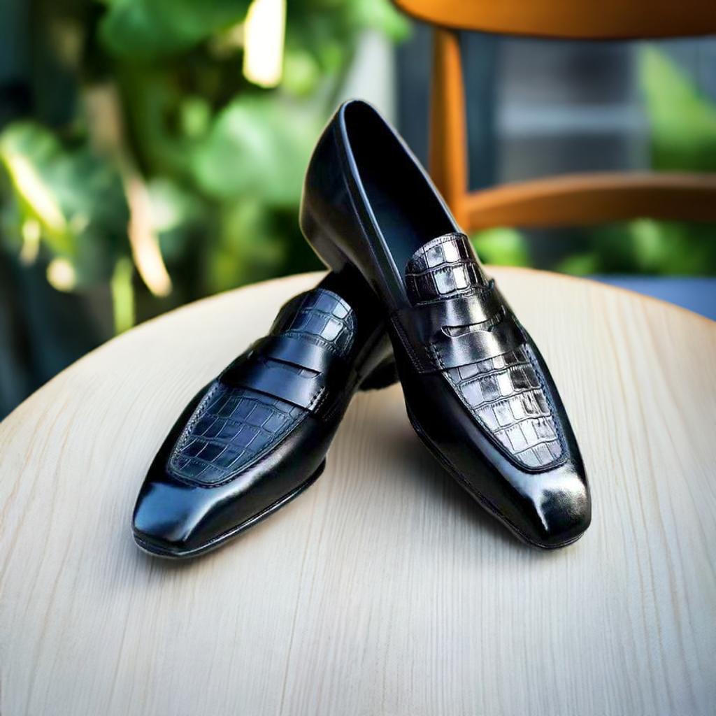 Black Alligator Textured Penny Loafers Slip on Shoes for Men