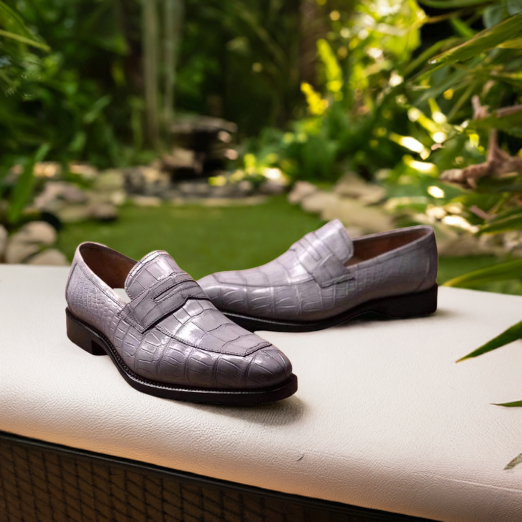 Gray Alligator Textured Penny Loafers Slip on Shoes for Men