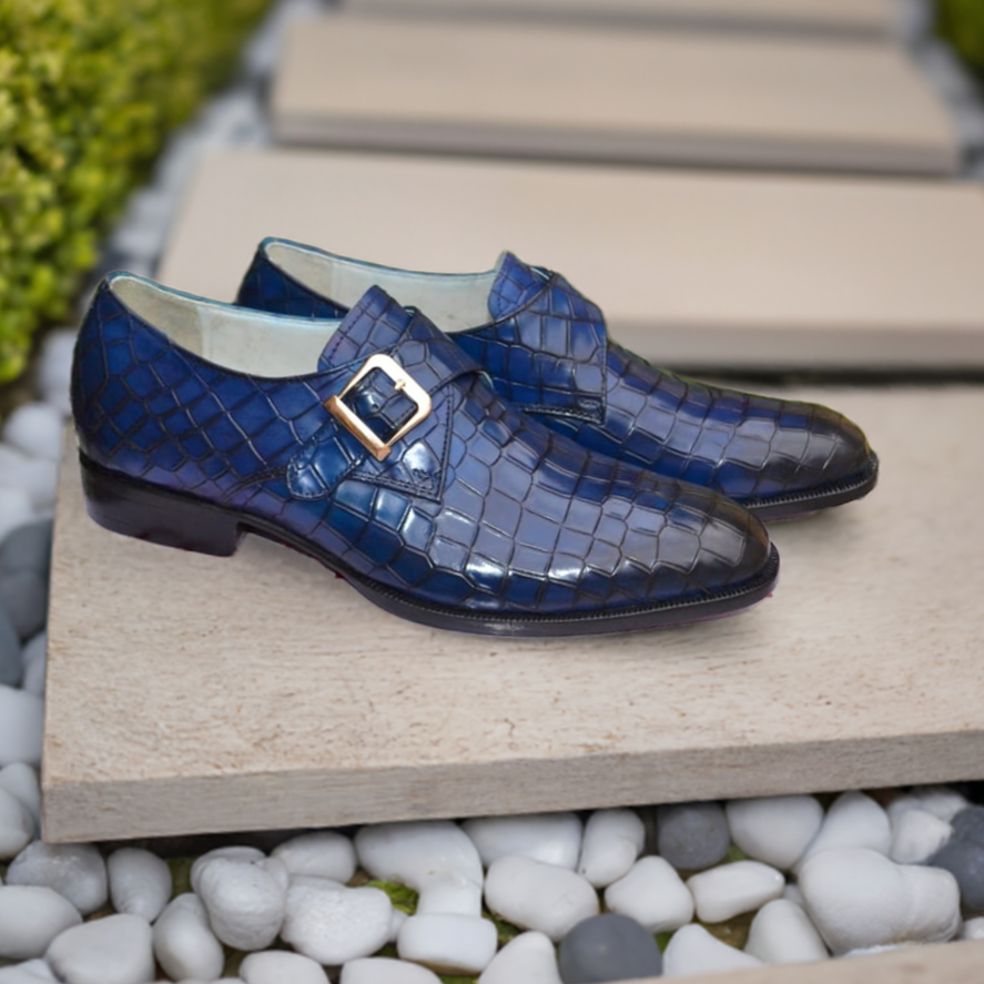 Men's Blue Monk Strap Shoes Alligator Textured Dress Shoes