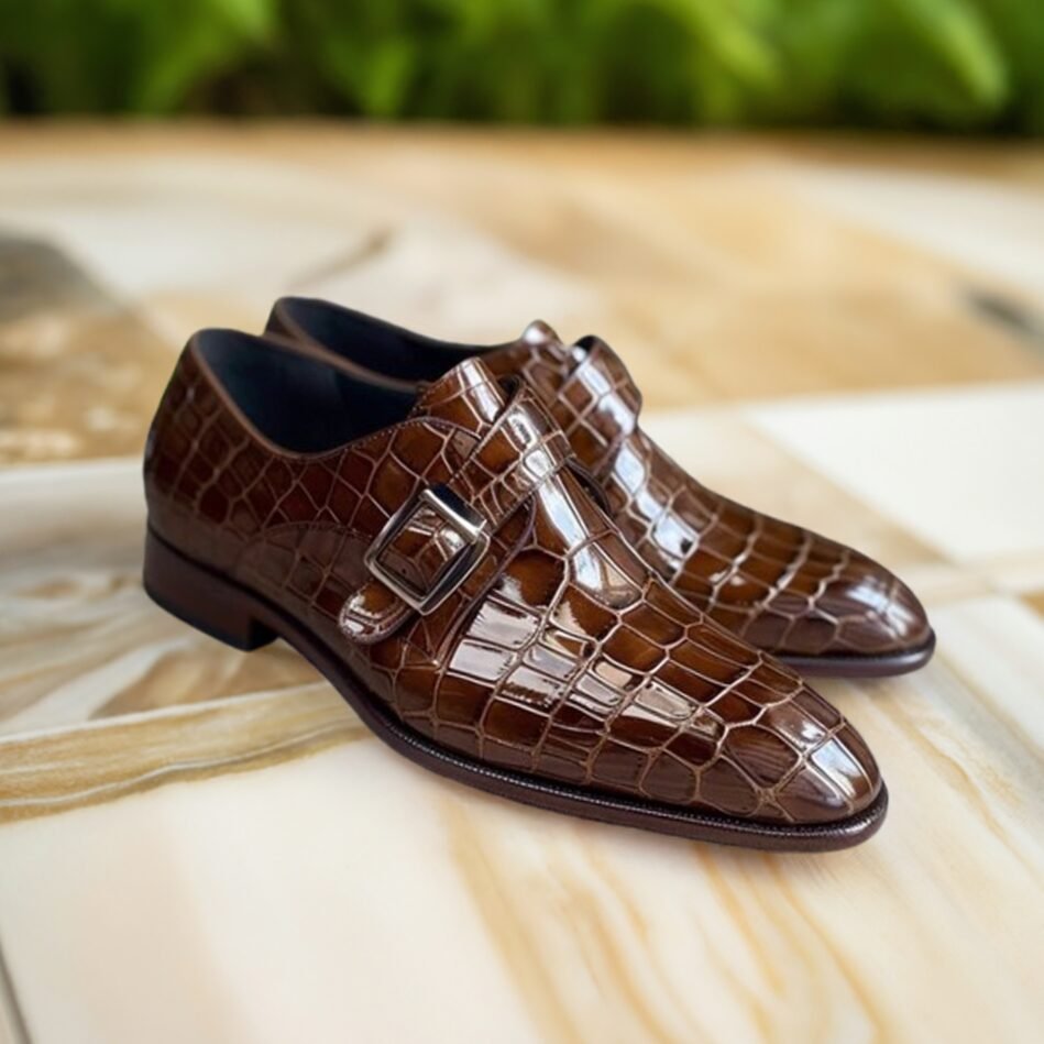 Men's Brown Monk Strap Shoes Alligator Textured Dress Shoes