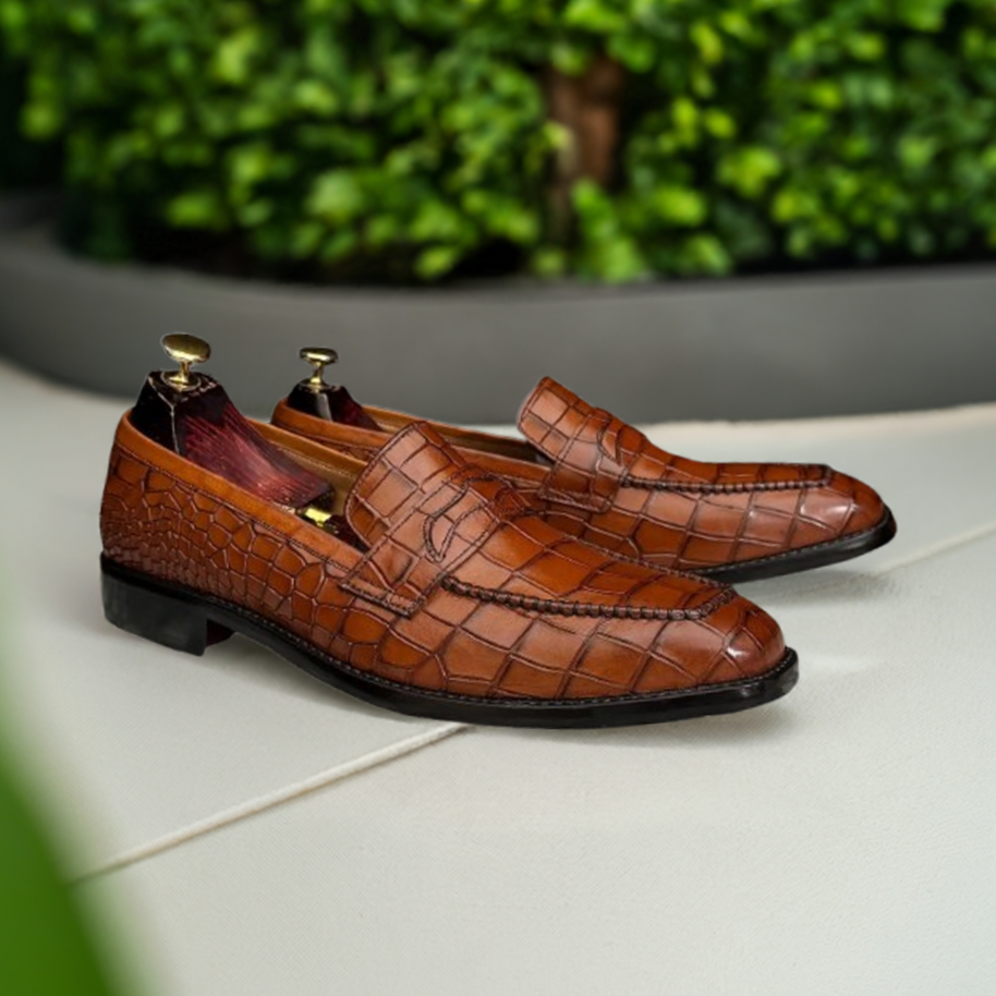 Tan Brown Alligator Textured Penny Loafers Slip on Shoes for Men